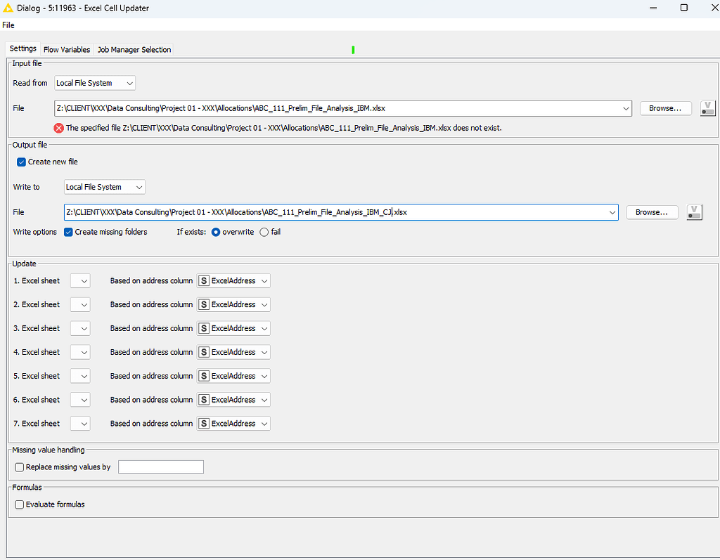 Knime excel cell updater, need to read from an excel file and write to a different excel file ...