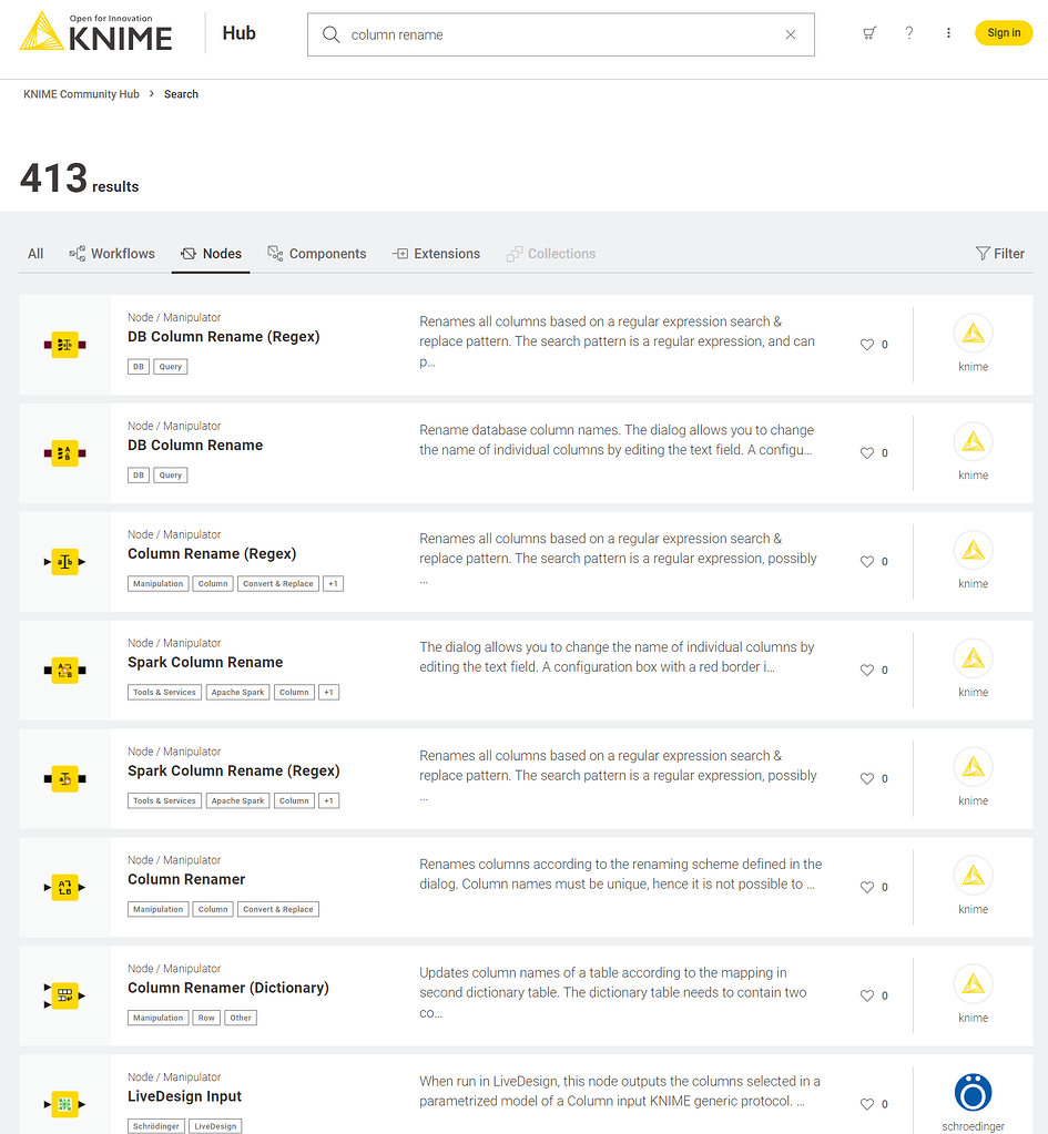 The Column Rename node isn't showing up in the search. - KNIME Community Hub - KNIME Community Forum
