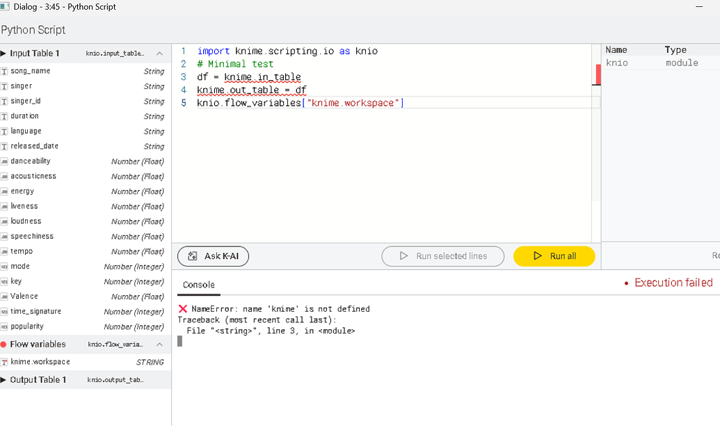 Python Script Node: 'NameError: name knime is not defined - KNIME Analytics Platform - KNIME ...