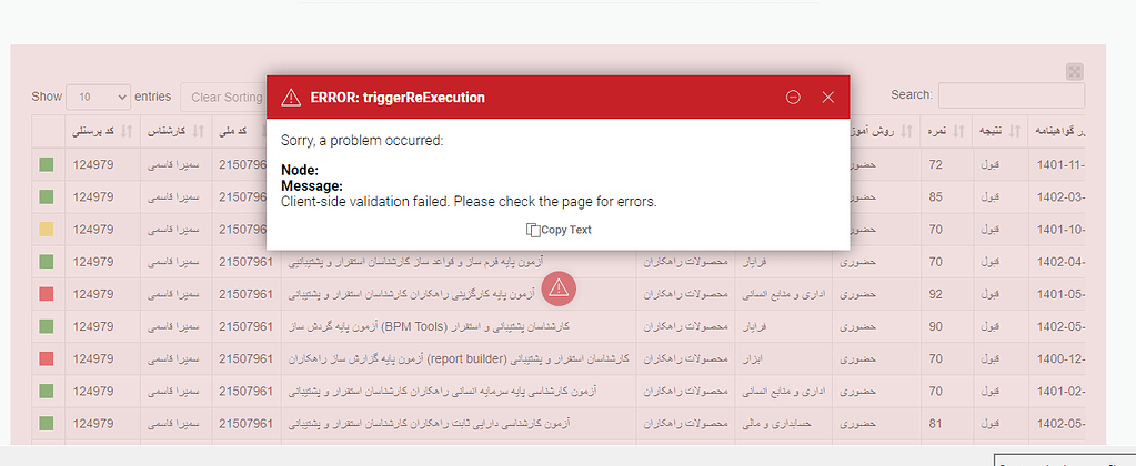 ERROR: triggerReExecution Message:Client-side validation failed. Please check the page for ...