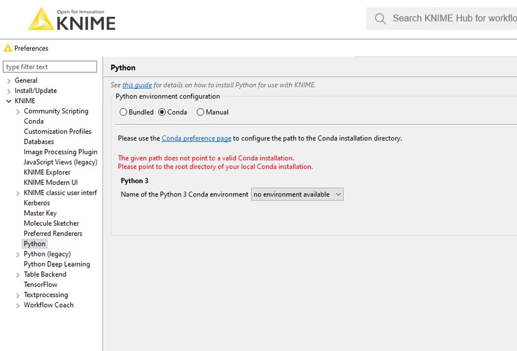 Path to the Conda Installation directory is missing - KNIME Extensions ...