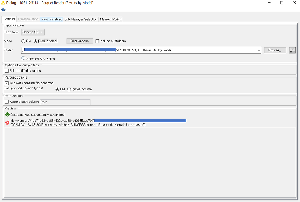 Length is too low:0 error when using Parquet Reader - KNIME Analytics ...