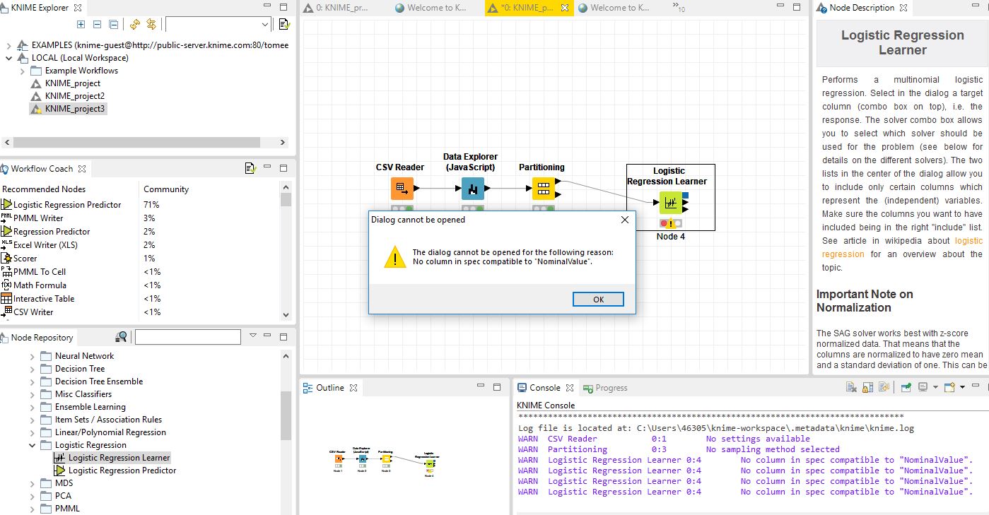 Unable to implement logistic regression learner - KNIME Analytics Platform - KNIME Community Forum