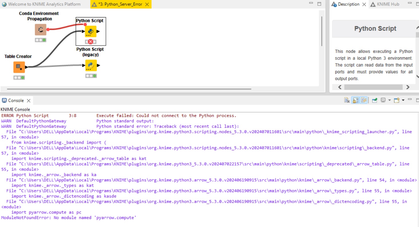 Python Script Execute Failed Could Not Connect To The Python Process Knime Extensions